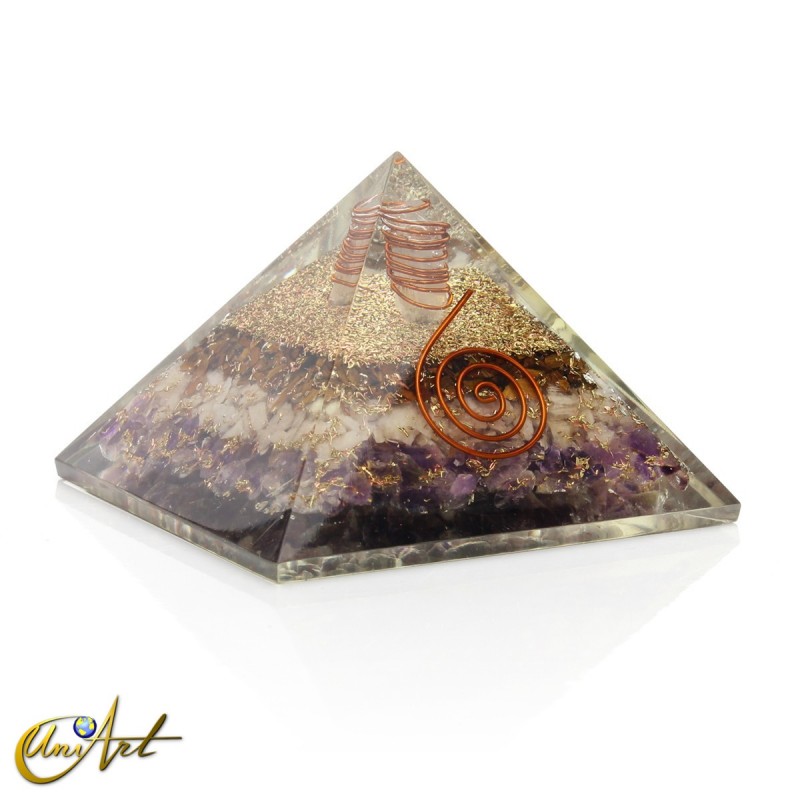 Multi-mineral orgonite pyramid with channeling quartz.