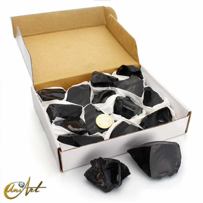 Natural rough Black Obsidian pieces, box with one kilogram