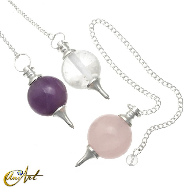 Quartz Ball Pendulums: Rock Crystal Quartz, Rose Quartz, and Amethyst.