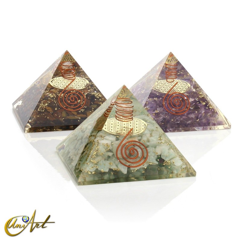 Orgonite Pyramid with Flower of Life, Gemstones, and Copper Spiral