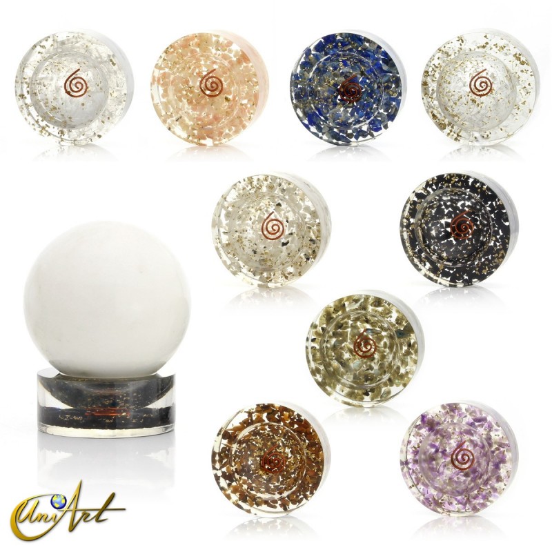 Orgonite sphere base with copper spiral and natural stone chips