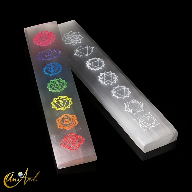 Selenite Rectangular Board with Seven Chakra Symbols